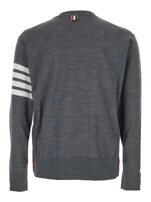 Thom Browne Grey Crew Neck Sweater With 4-bar Detail In Virgin Wool For