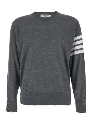 Thom Browne Grey Crew Neck Sweater With 4-bar Detail In Virgin Wool For - Gray