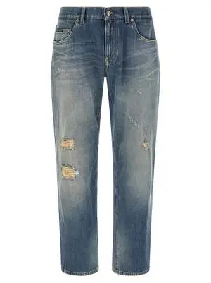 Dolce & Gabbana Destroyed Logo Plaque Jeans - Blue