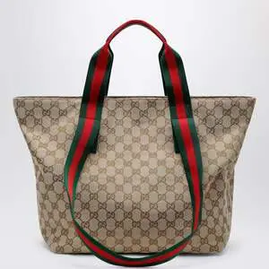 Gucci Small Shopping Bag In Sand Beige Gg Fabric - Cream