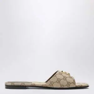 Gucci Double G Slides In Beige Sand Gg Canvas - Cream