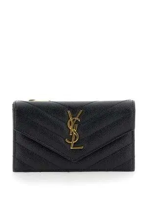 Saint Laurent Cassandre' Black Zip Card Case With Flap In Embossed Leather - Multicolor