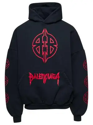 Balenciaga Black Hoodie With Maxi Logo Print On Front And Rear In Cotton Stretch - Multicolor