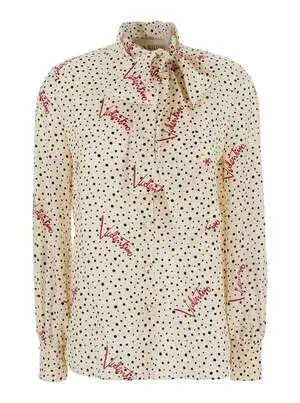 Valentino Garavani White Blouse With Bow Detail On The Front And All-over Polka Dot Motif With Logo In Silk For - Multicolor