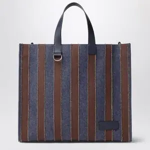 Fendi Pequin Shopper Bag In Dark Blue Denim And Brown Canvas - Multicolor