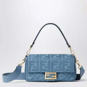 Fendi Woven Raffia Baguette Bag With Ff Embroidery - Blue