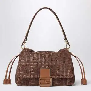 Fendi Medium Baguette Mumsâ€ Bag In Woven Raffia With Ff Sellier Embroidery - Brown