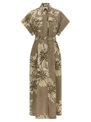 Brunello Cucinelli Cotton Poplin Floral Chemisier Dress - Green