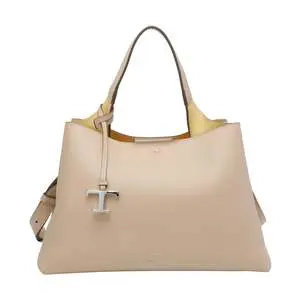 TOD'S Medium Leather Handbag With T Timeless Charm - Cream