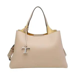 TOD'S Medium Leather Handbag With T Timeless Charm - Cream