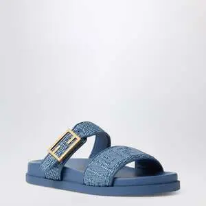 Fendi Feel Raffia Flat Slides - Blue