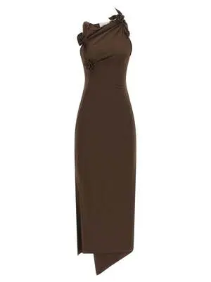 Coperni Asymmetrical 3d Floral Applique Midi Dress - Brown