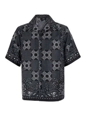 Amiri Bowling Shirt With Cuban Collar And All-over Geometric Print In Silk For - Black