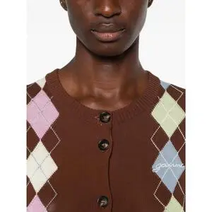 GANNI Cotton Argyle Knit Cardigan - Brown