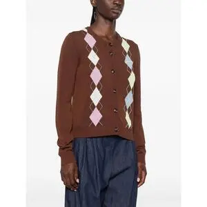 GANNI Cotton Argyle Knit Cardigan - Brown