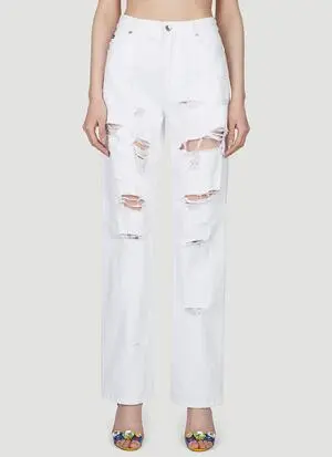 Dolce & Gabbana Logo Plaque Distressed Jeans - White