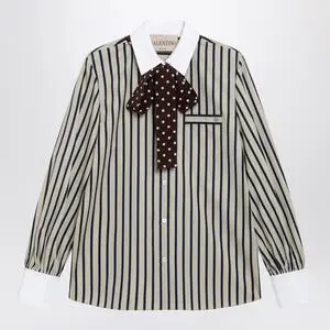 Valentino Garavani Striped Cotton Shirt With Scarf In Beige And Blue - Cream