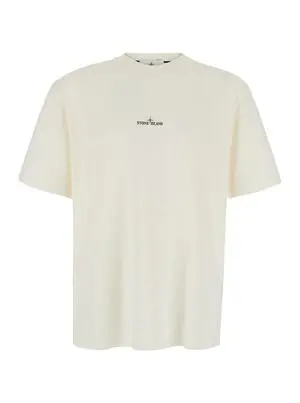 Stone Island Beige Crew Neck T-shirt With Logo Lettering On The Front And Maxi Logo Print On The Back In Cotton For - Multicolor