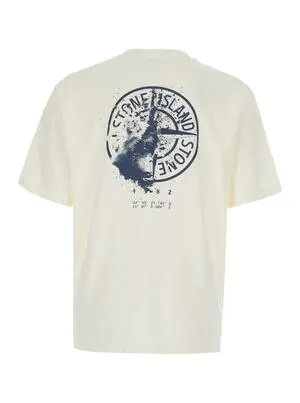 Stone Island Beige Crew Neck T-shirt With Logo Lettering On The Front And Maxi Logo Print On The Back In Cotton For - Multicolor