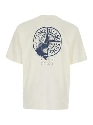 Stone Island Beige Crew Neck T-shirt With Logo Lettering On The Front And Maxi Logo Print On The Back In Cotton For - Multicolor