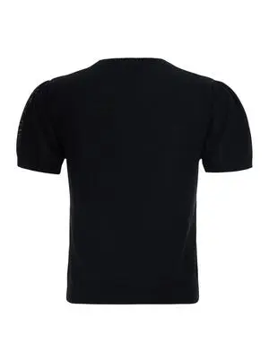 GANNI Short-sleeved Cotton Sweater With Argyle Motif - Black