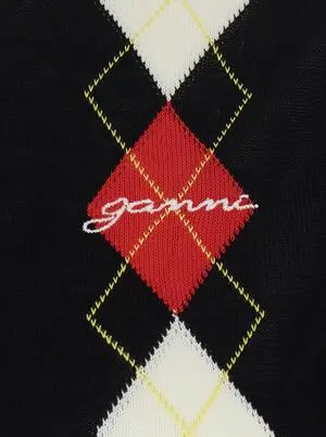 GANNI Short-sleeved Cotton Sweater With Argyle Motif - Black