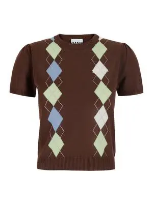 GANNI Short-sleeved Sweater With Argyle Motif On The Front In Cotton For - Brown