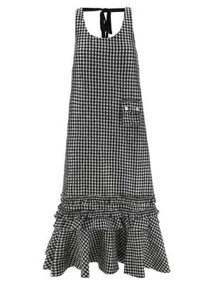 GANNI Crinkled Check Long Dress - Black