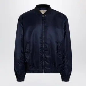 Valentino Garavani Shiny Navy Zip-up Bomber Jacket With Vlogo - Blue