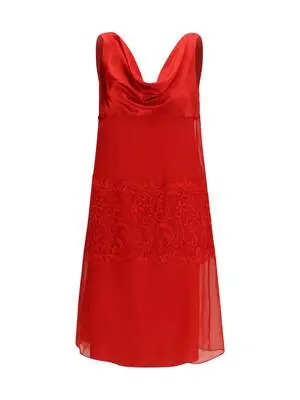 FERRAGAMO Draped Lace Silk Chiffon Dress - Red