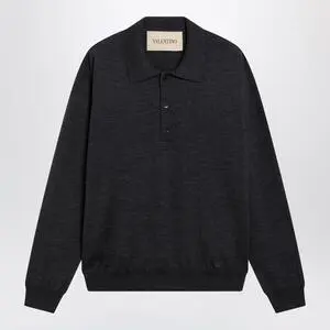 Valentino Garavani Wool Polo Shirt With Vlogo Embroidery In Anthracite - Gray