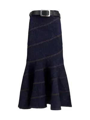 SELF-PORTRAIT Denim Midi Skirt With Belt - Blue