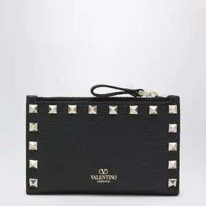 Valentino Garavani Leather Rockstud Zip Card Holder - Black