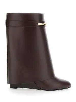 Givenchy Wedge Heel Ankle Boots With Logo Plate On The Side In Leather For - Brown
