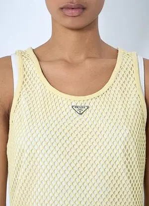 Prada Logo Plaque Open-knit Tank Top - Cream