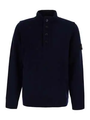 Stone Island Blue High-neck Sweater With Front Buttons And Logo Patch On The Sleeve In Wool For - Multicolor