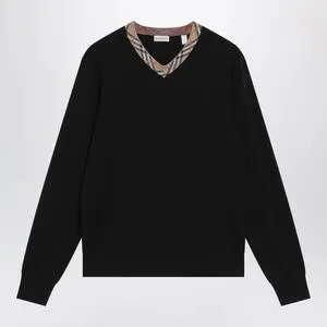Burberry Wool Sweater With Check Motif Neckline - Black