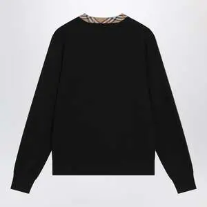 Burberry Wool Sweater With Check Motif Neckline - Black