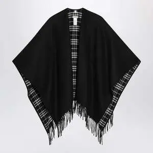 Burberry Reversible Wool Check Cape With Fringes - Black