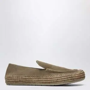 Loewe Rio Loafers In Suede And Raffia, Stone Grey - Gray