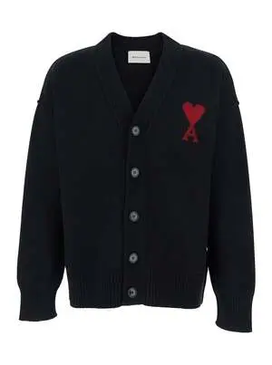 AMI Paris Cardigan With V-neck And Adc Embroidery On Front In Wool For - Black