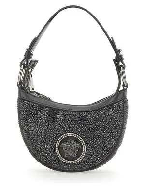 Versace Mini Hobo Bag With Crystals - Black