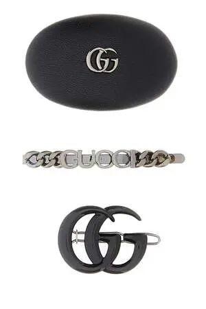 Gucci Leather And Metal Hair Clips Set - Black