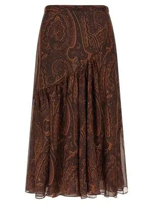 Etro Silk Paisley Ruffle Skirt - Brown