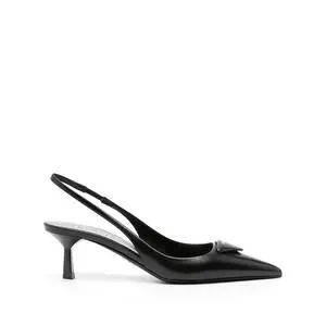 Prada Calf Leather Pointed Toe Kitten Heel Slingback Pumps - Black