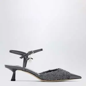 JIMMY CHOO Aren Graphite Leather And Fabric Slingbacks - Gray