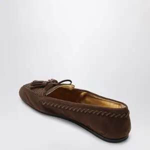Prada Suede Moccasin Cacao With Embroidery And Tassels - Brown