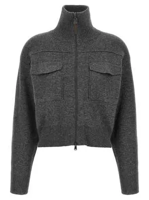 Brunello Cucinelli Shiny Zipper Pull' Wool Cardigan - Gray
