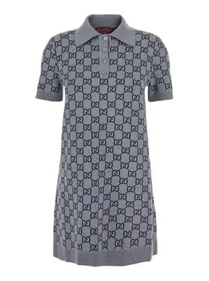 Gucci Wool Dress With Gg Motif And Wide Collar - Multicolor