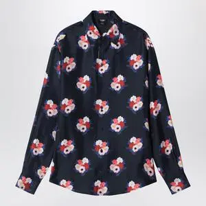 Fendi Fendi Dark Blue Satin Shirt With Floral Print Men Blue